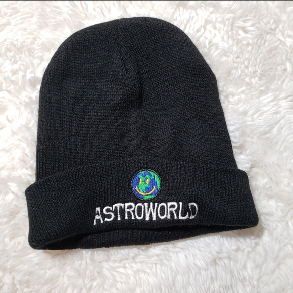 None | Accessories | Astroworld Smiley Earth Logo Black Beanie Hat Cap ...